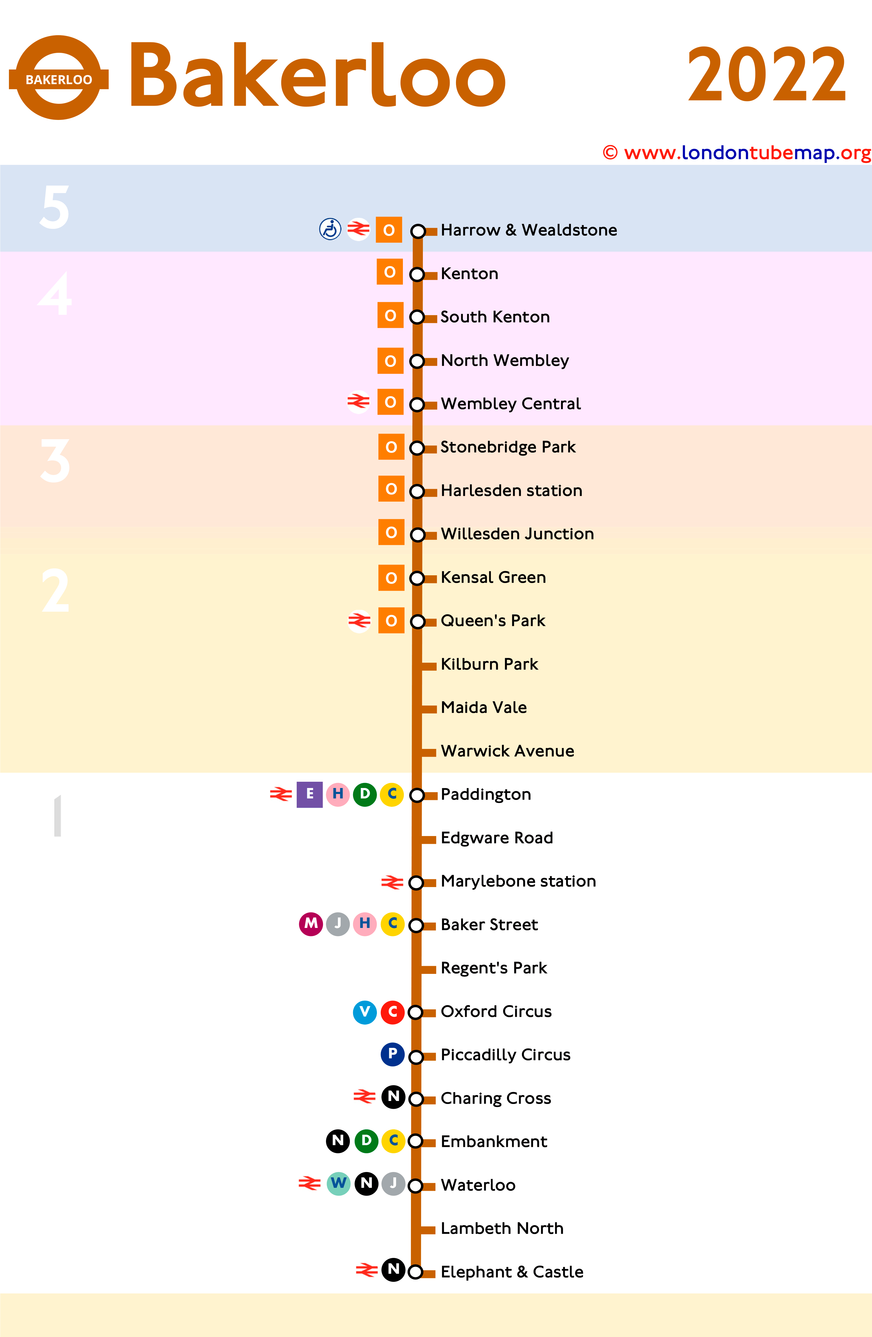 Map of the Bakerloo Line (brown line). Updated 2022. Map of the Bakerloo Line (brown line). Updated 2022.